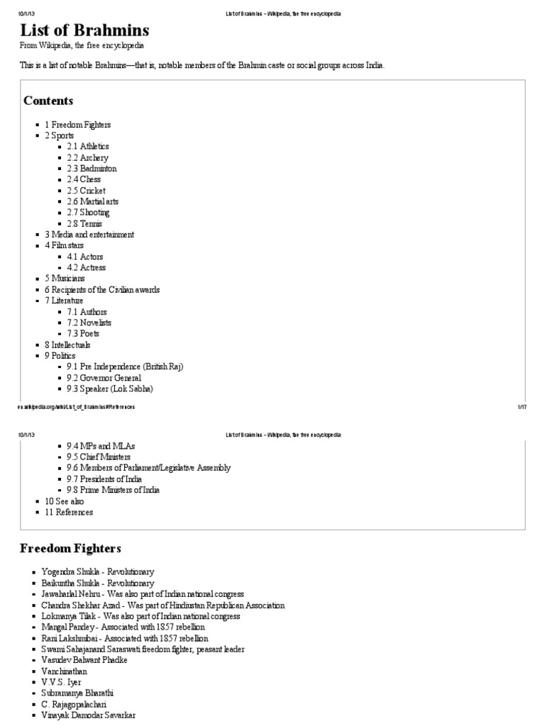 List of Brahmins - Wikipedia, The Free Encyclopedia | PDF