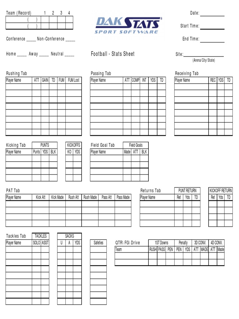 Football - Stats Sheet: (Arena/City/State) | PDF