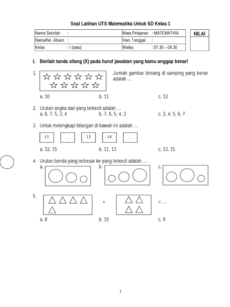 Soal Latihan Matematika Dan Kunci Jawaban Untuk SD Kelas 1 | PDF