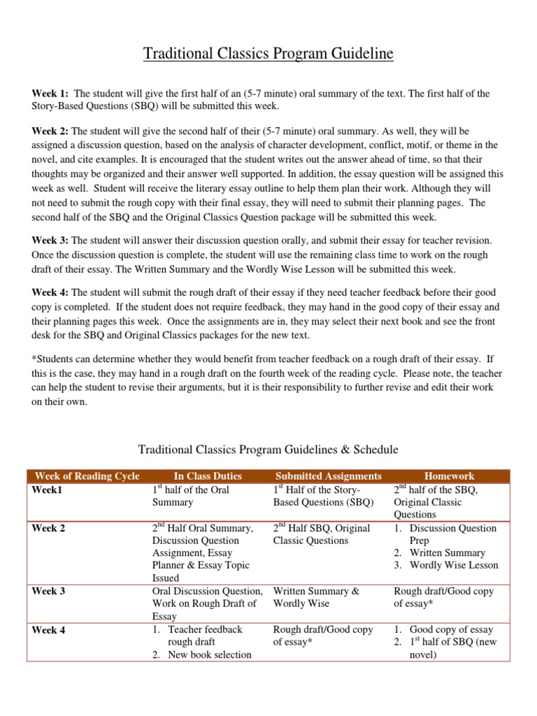 Traditional Classics Program Guideline | PDF | Essays | Homework