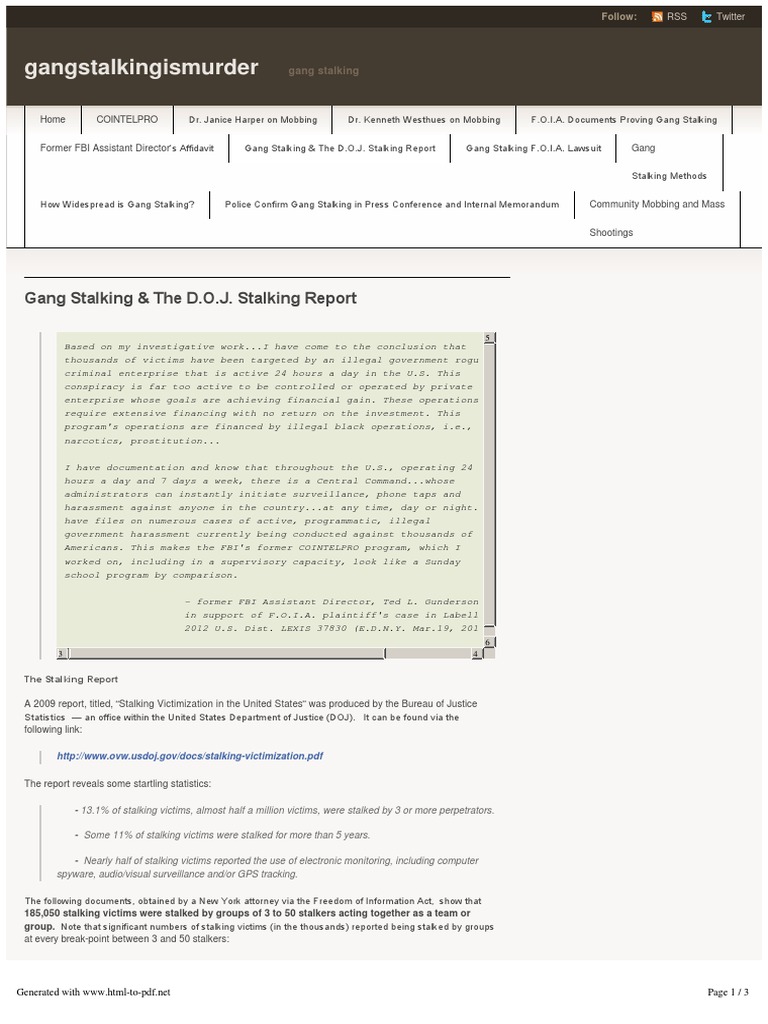 Community Mobbing and Gang Stalking Report | PDF | Stalking | Federal ...