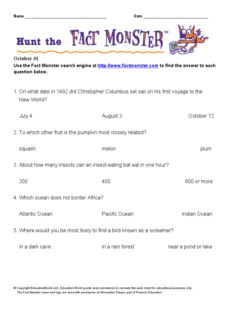 October #1: Use The Fact Monster Search Engine at Question Below | PDF
