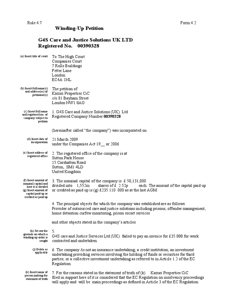 Winding-Up Petition for G4S Care | PDF | Standard & Poor's | Liquidation