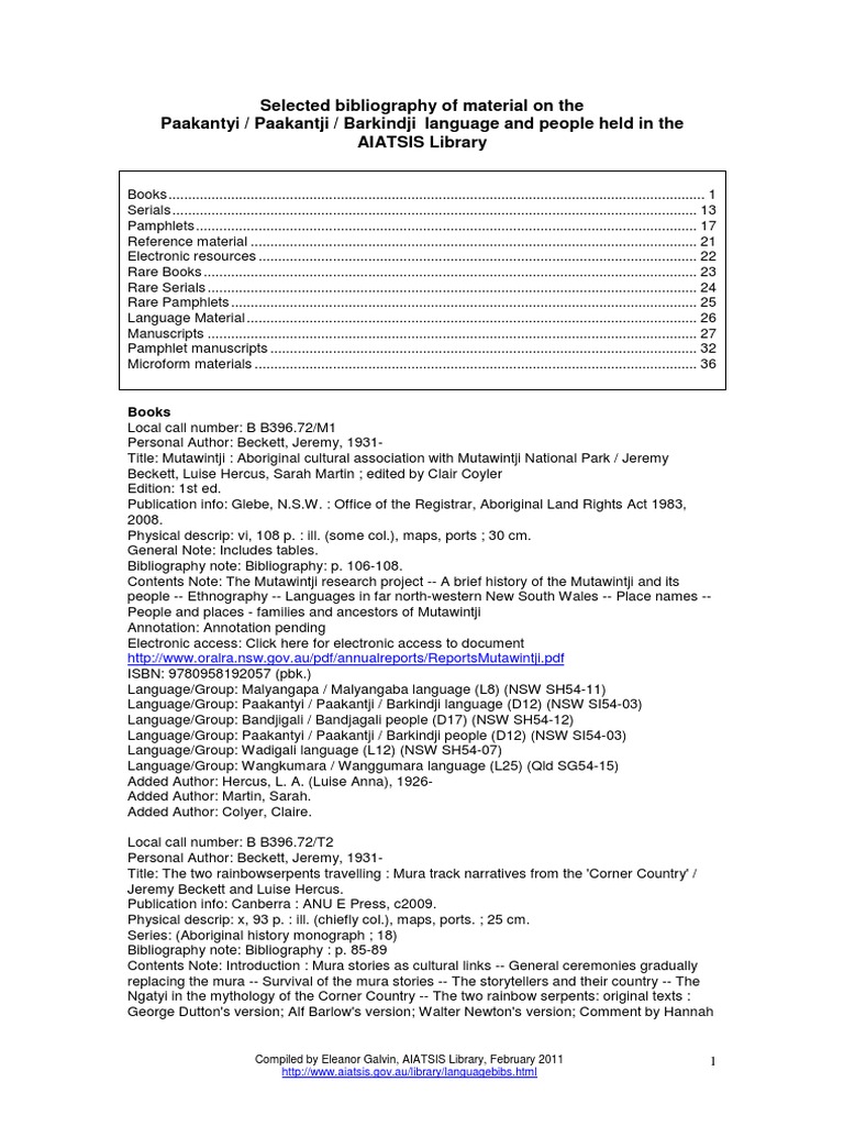 Selected Bibliography of Material On The Paakantyi / Paakantji ...