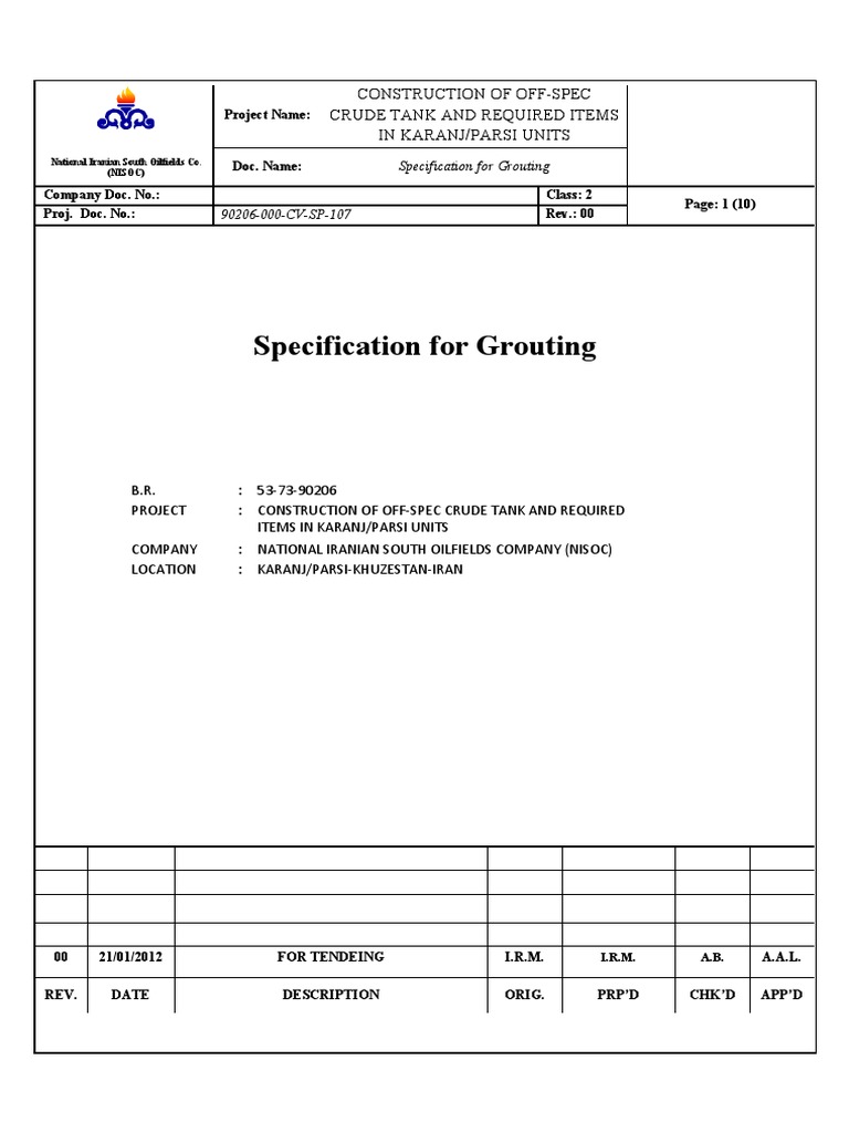 90206-000-CV-SP-107 SPECIFICATION FOR Grouting IN ALL AREAS (Rev.A0 ...