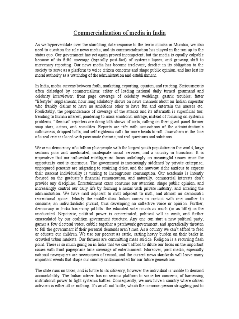 Commercialization of Media in India | PDF | News | Mass Media