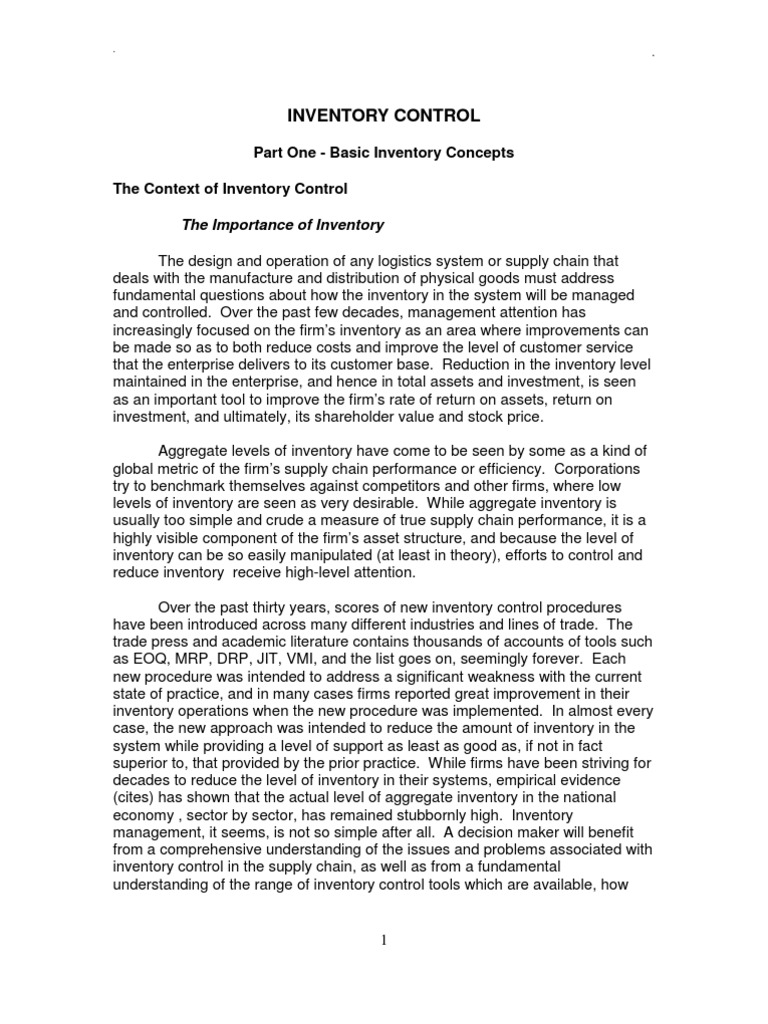 Inventory Control: Part One - Basic Inventory Concepts The Context of ...