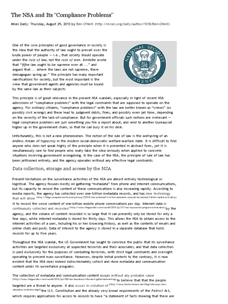 The NSA and Its "Complia... N O'Neill - Mises Daily | PDF | National ...