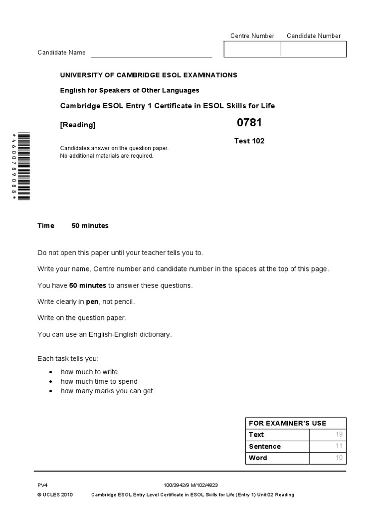 Cambridge ESOL Entry 1 Certificate in ESOL Skills For Life (Reading ...