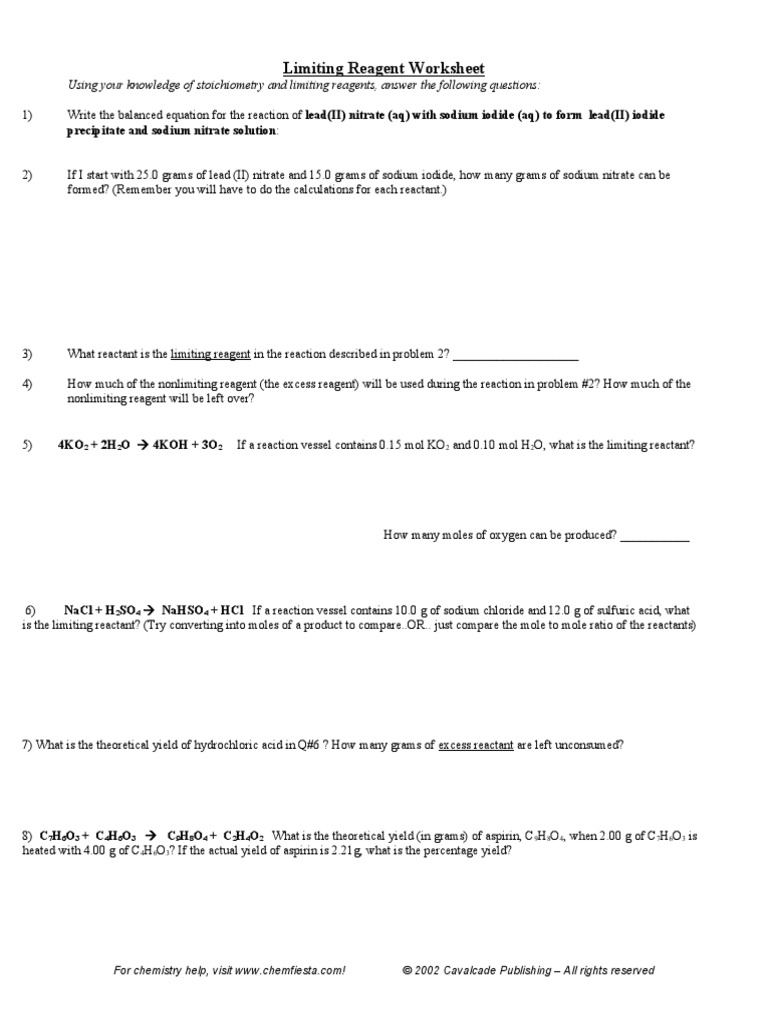 Limiting Reagent Worksheet | Download Free PDF | Stoichiometry | Atoms