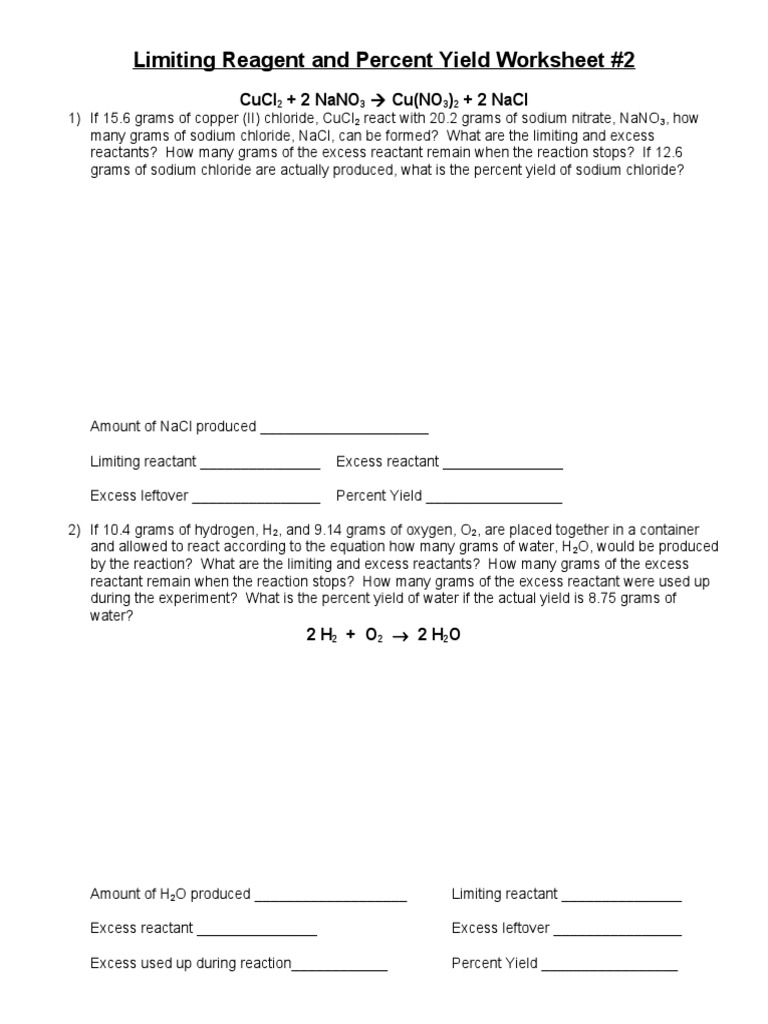 Limiting Reagent and Percent Yield Worksheet | PDF