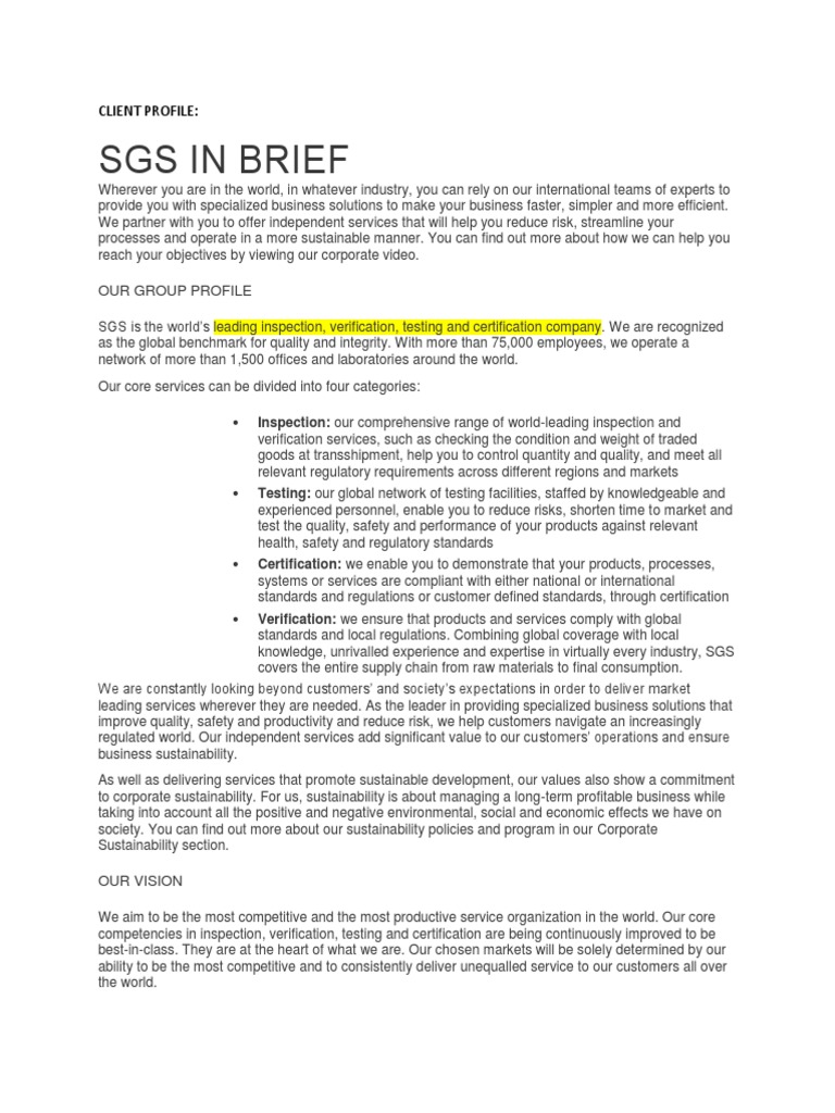 Sgs in Brief: Client Profile | Download Free PDF | Sustainability | Safety