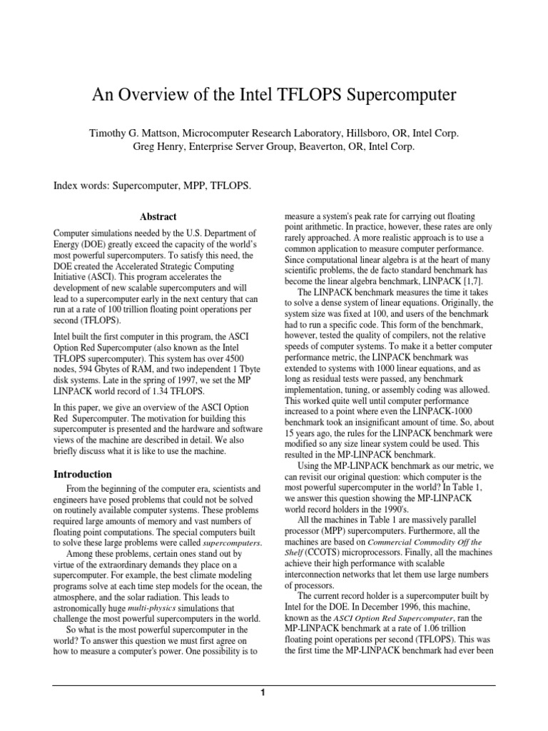 Ascii - Red - An Overview of The Intel TFLOPS Supercomputer | Download ...