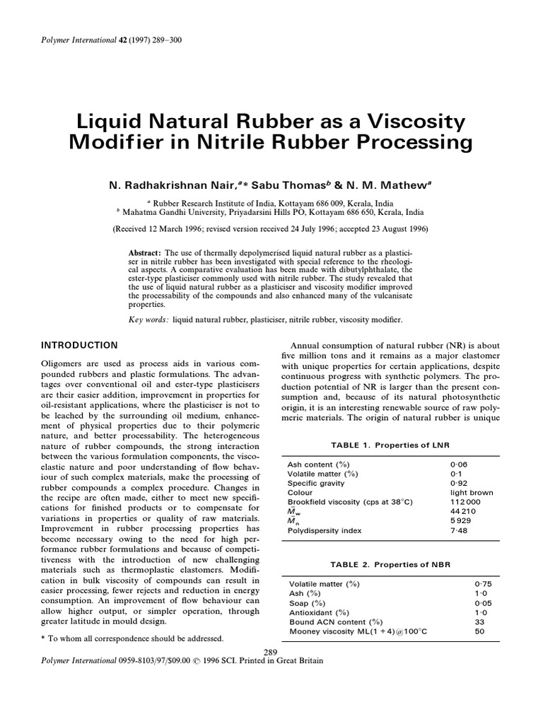 Liquid Natural Rubber As A Viscosity Modifier in Nitrile Rubber ...