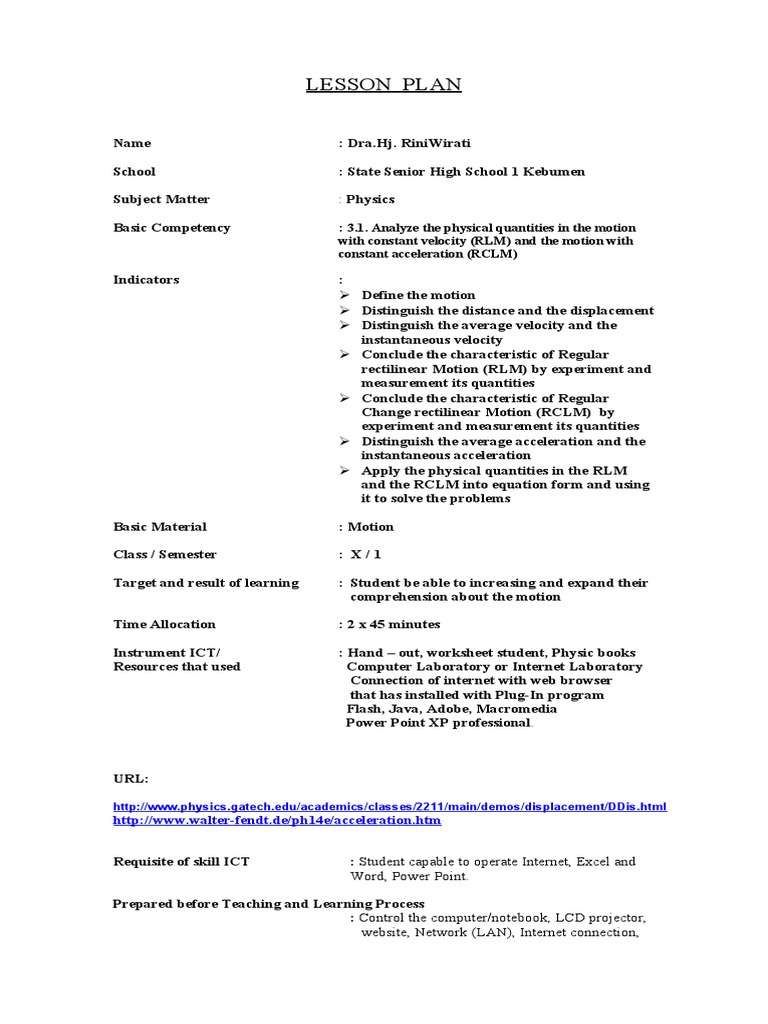 Lesson Plan:: Physics | PDF | Students | Motion (Physics)