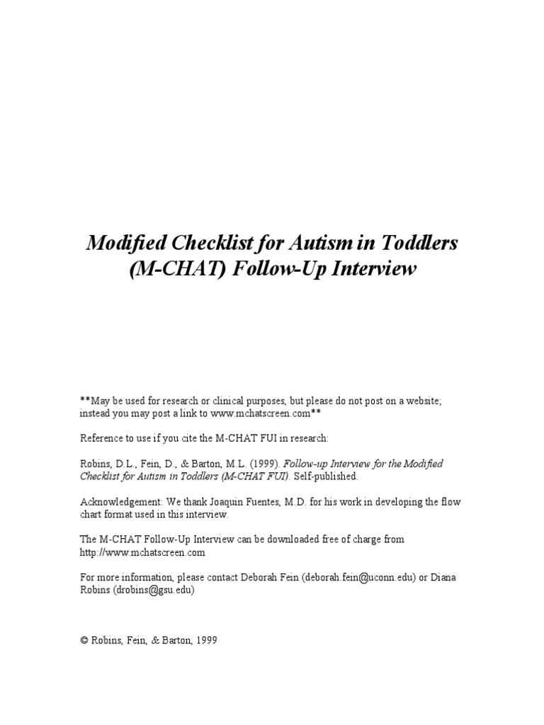 Modified Checklist For Autism in Toddlers (M-CHAT) Follow-Up Interview ...