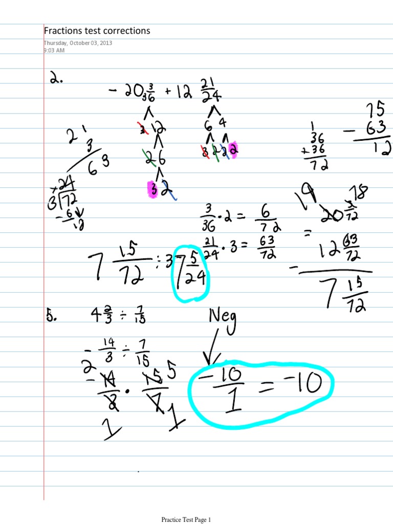 Fractions Test Corrections Guide | PDF