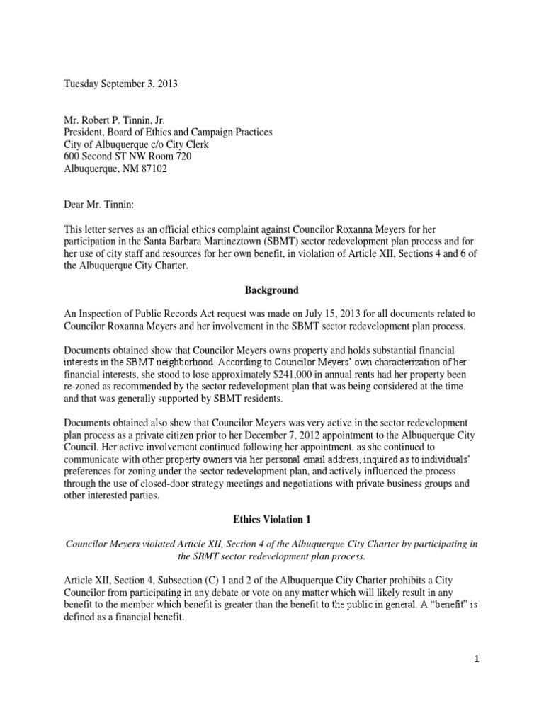 City of Albuquerque Ethics Complaint: Roxanna Meyers Improper Influence ...