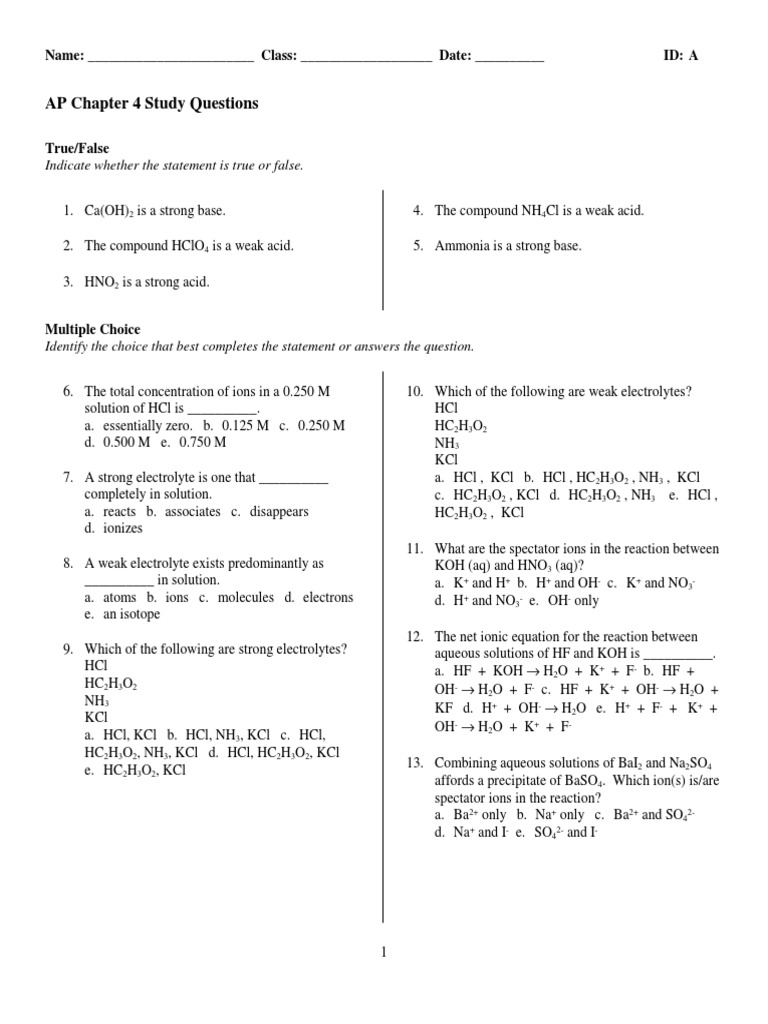 AP Chemistry Chapter 4 Study Guide | PDF | Acid | Hydroxide
