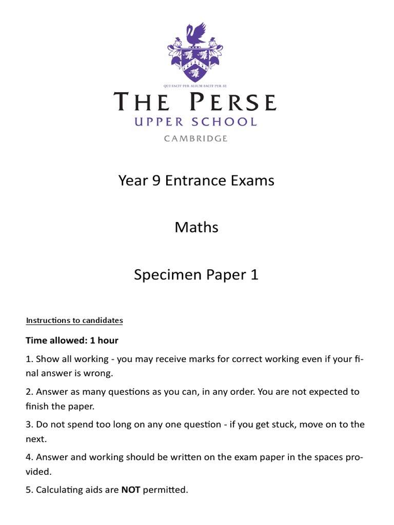 Year 9 Maths Exam Specimen Paper | PDF | Fraction (Mathematics) | Angle