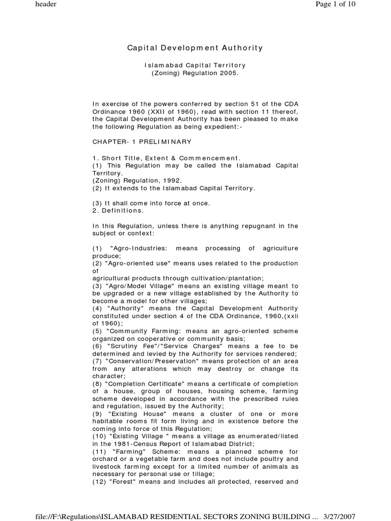 CDA Building Regulations 2005 | PDF | Zoning | Land Management