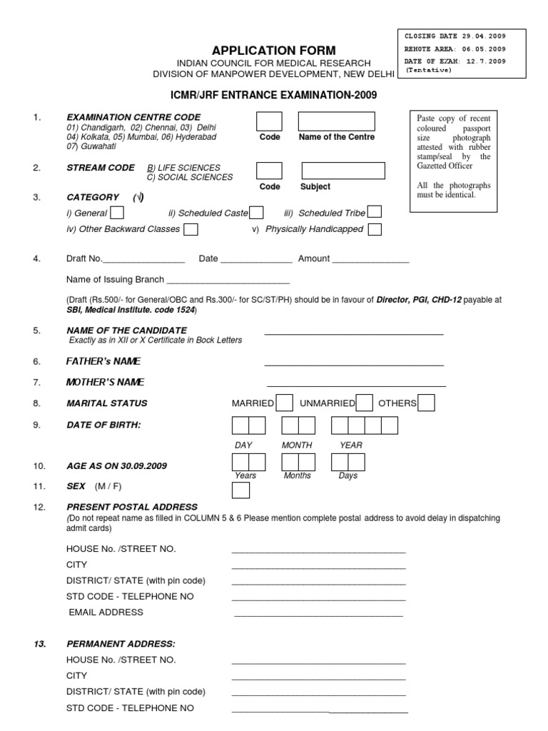 Application Form: Icmr/Jrf Entrance Examination-2009 | PDF | Government