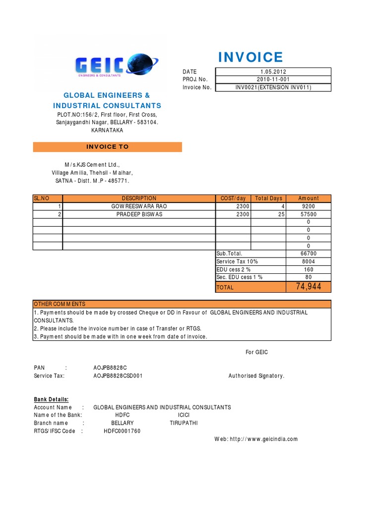 Invoice for Global Engineers Services | PDF