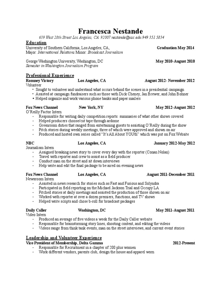 Francesca Nestande Resume 2013 | PDF | Los Angeles | News