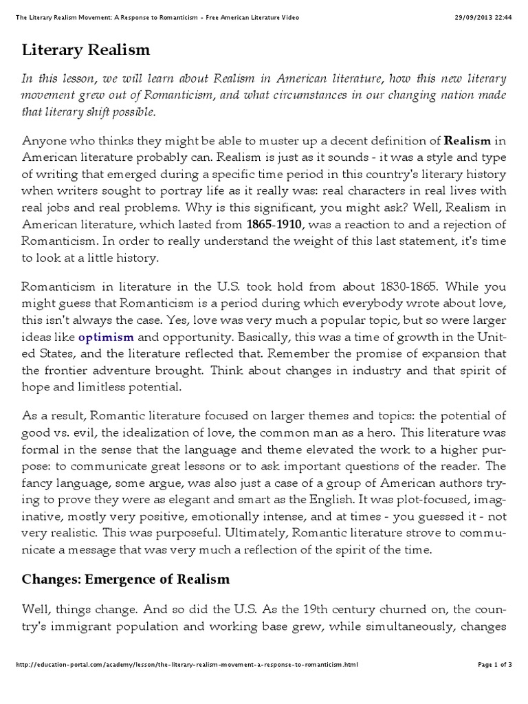 The Literary Realism Movement: A Response To Romanticism - Free ...