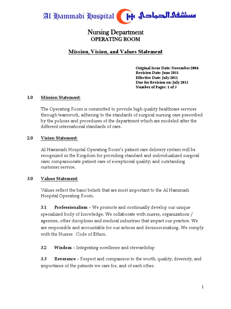 001mission, Vision Values Statement | Nursing | Patient | Free 30-day ...