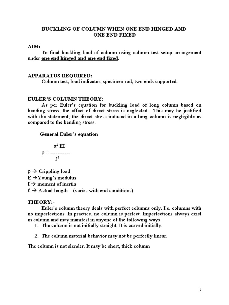 One End Hinged and One End Fixed | PDF | Column | Buckling