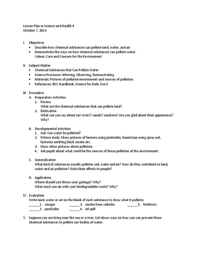 Pollution Lesson Plan for Grade 4 | PDF