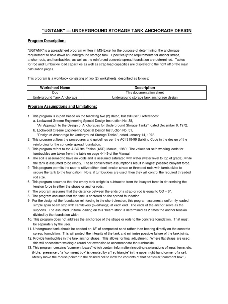 Underground Storage Tank Anchorage Design Spreadsheet | PDF ...