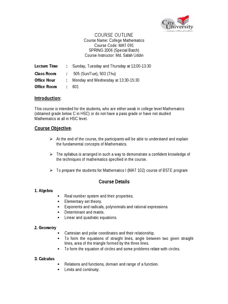College Mathematics Course Outline | PDF | Algebra | Teaching Mathematics