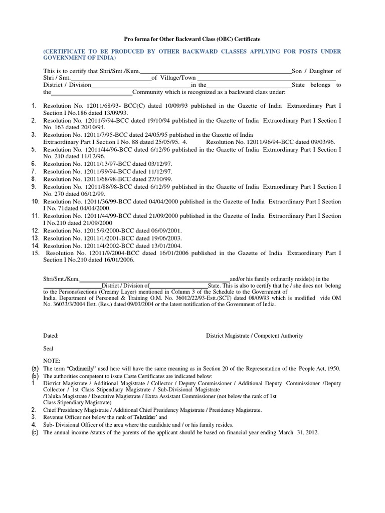 Format For Obc Certificate Magistrate Government Of India