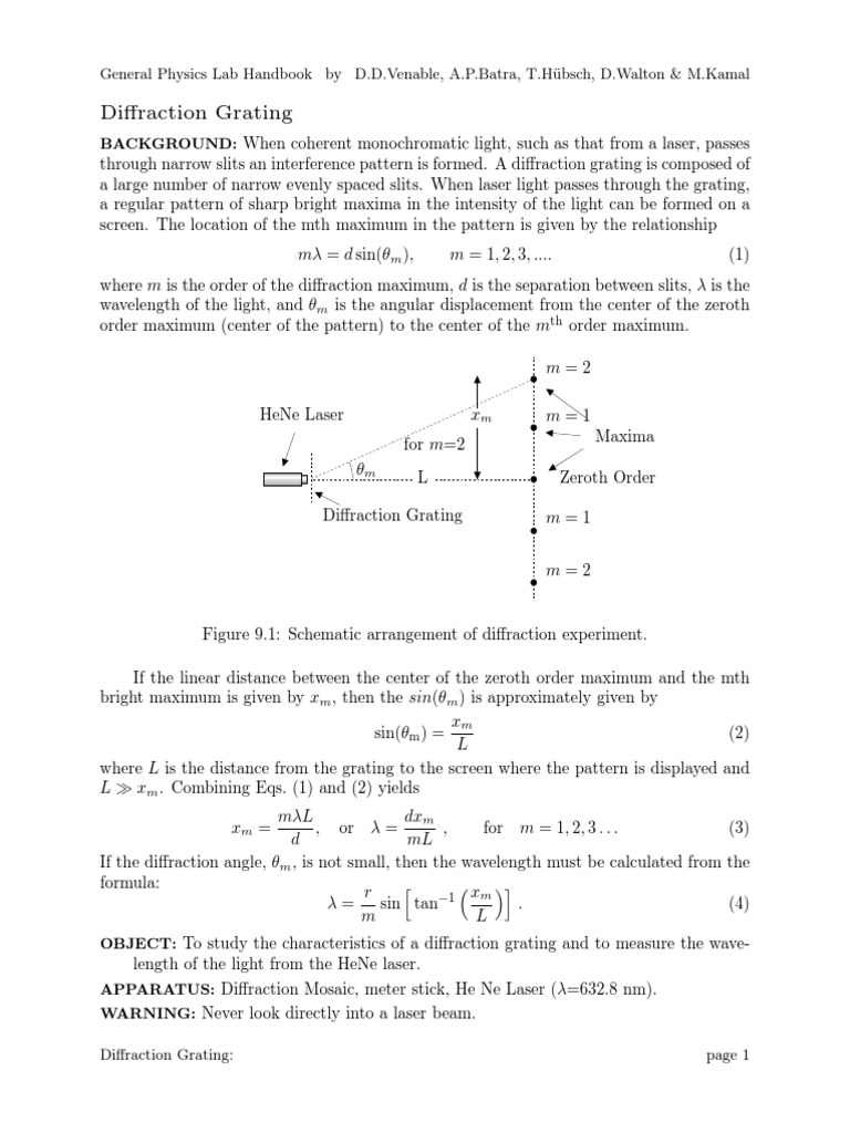 Diffraction Grating: mλ = d sin (θ m = 1, 2, 3, ... | PDF | Wavelength ...