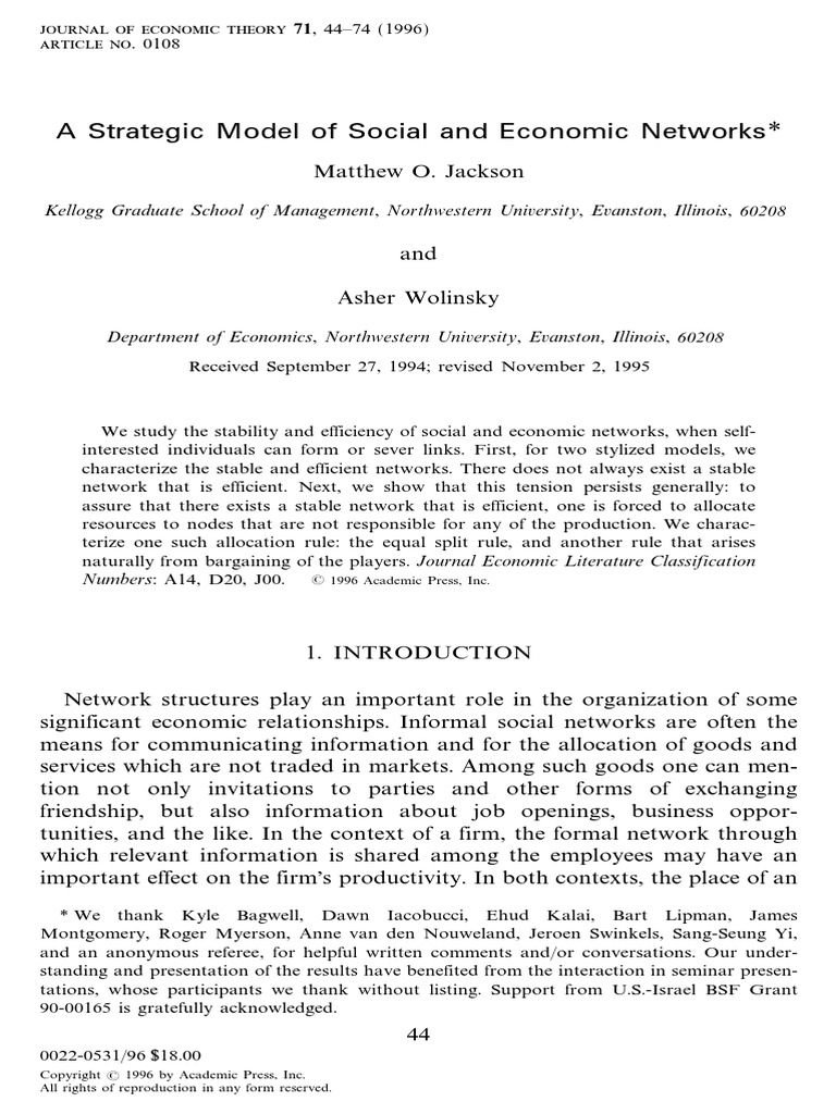 A Strategic Model of Social and Economic Networks | PDF | Social ...
