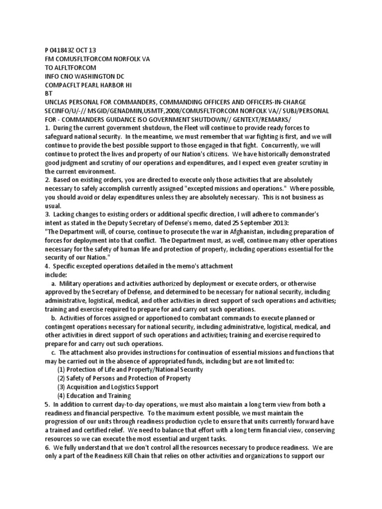 Commanders Shutdown Guidance - Adm Gortney (With 49-13 Release) | PDF ...