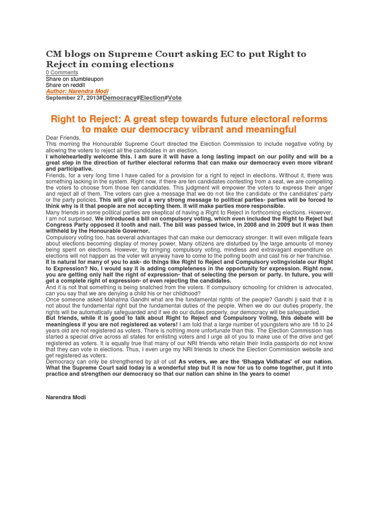 Right to Reject: Empowering Voters | PDF | Voting | Elections