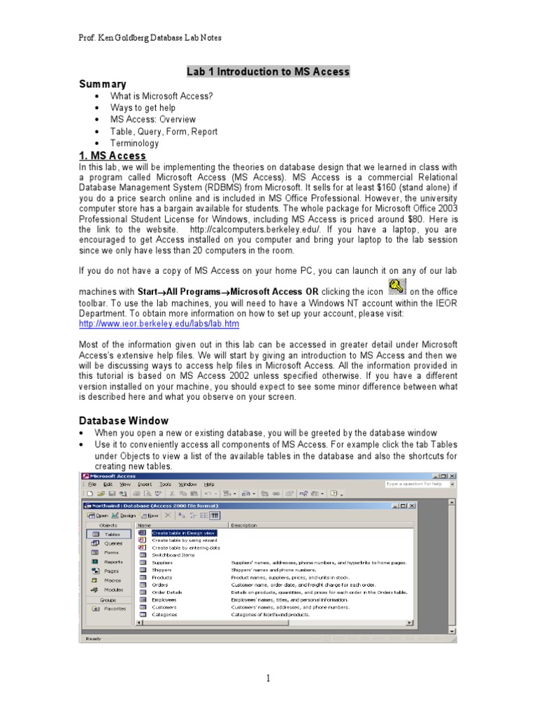 Prof. Goldberg's MS Access Lab Notes | PDF | Microsoft Access | Databases