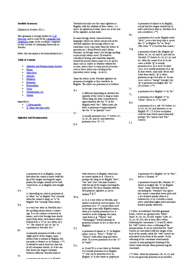 Overview of Swedish Grammar | PDF | Grammatical Number | Grammatical Gender