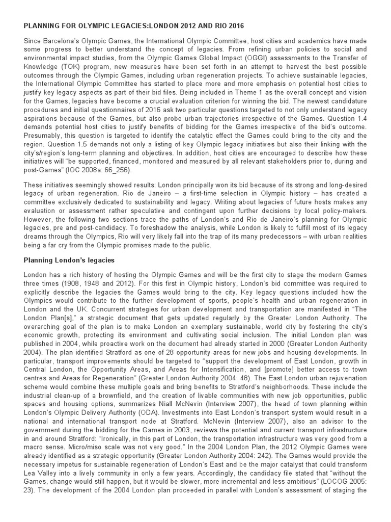 Olympic Legacy Planning in London | PDF | Rio De Janeiro | Olympic Games