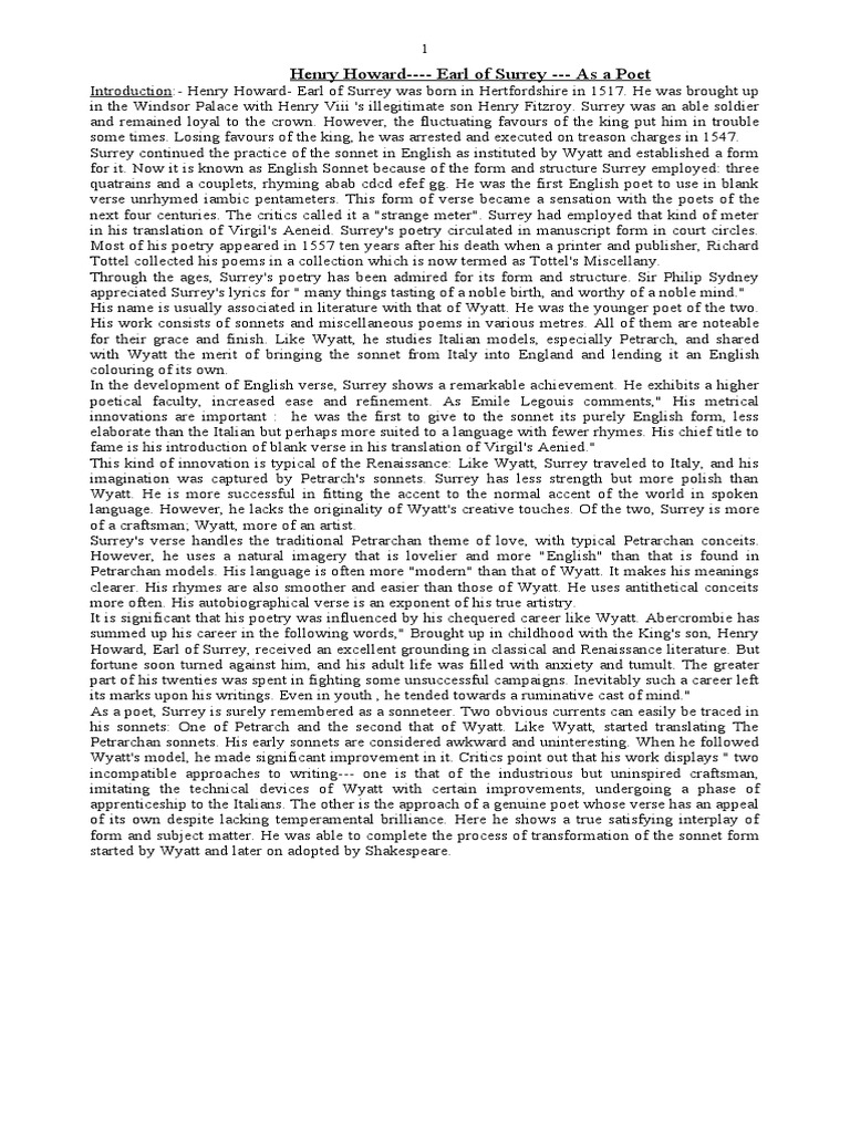 Henry Howard---- Earl of Surrey --- As a Poet | Sonnets | English Poetry