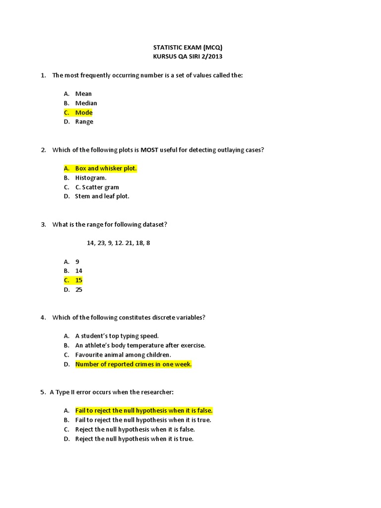 Statistic Exam Mcq Pdf Statistical Hypothesis Testing Type I And Type Ii Errors