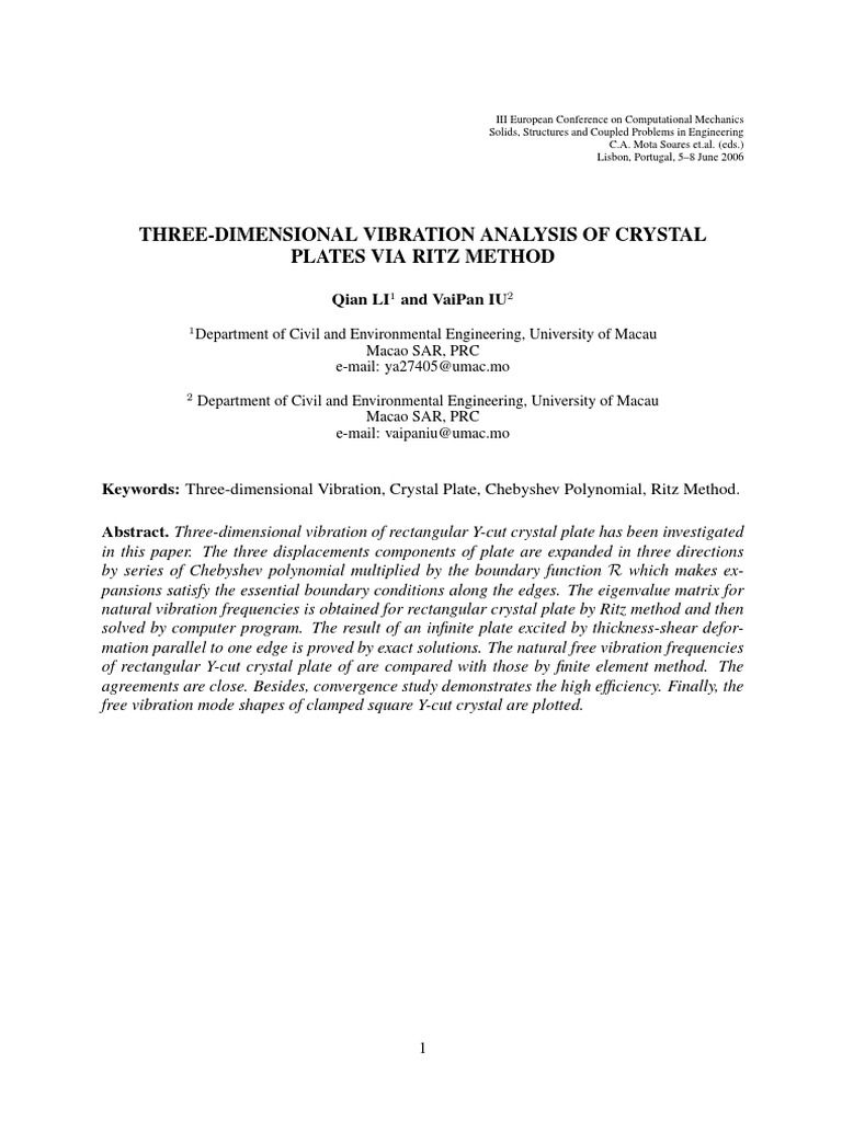 Three Dimensional Vibration Analysis of Crystal Plates Via Ritz Method ...