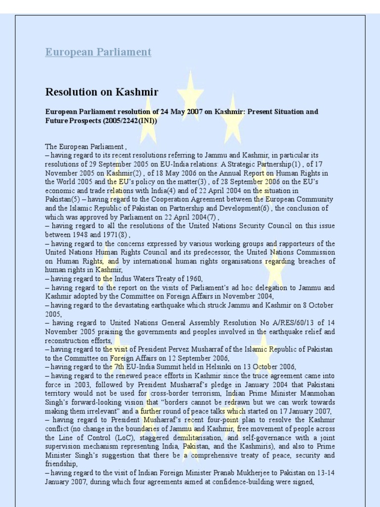Resolution On Kashmir: European Parliament | PDF | Pakistan | India ...