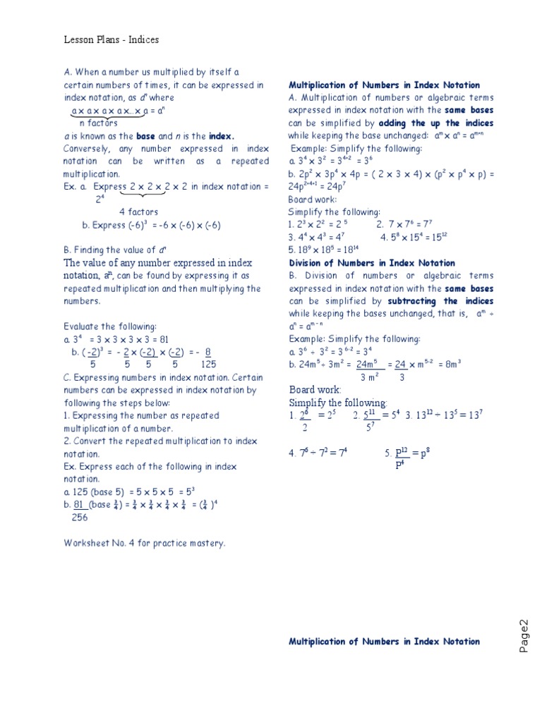 Simplifying Operations with Numbers and Algebraic Terms in Index Notation | PDF | Multiplication ...