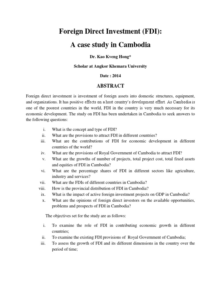 FDI Impact on Cambodia's Economic Growth | PDF | Foreign Direct ...