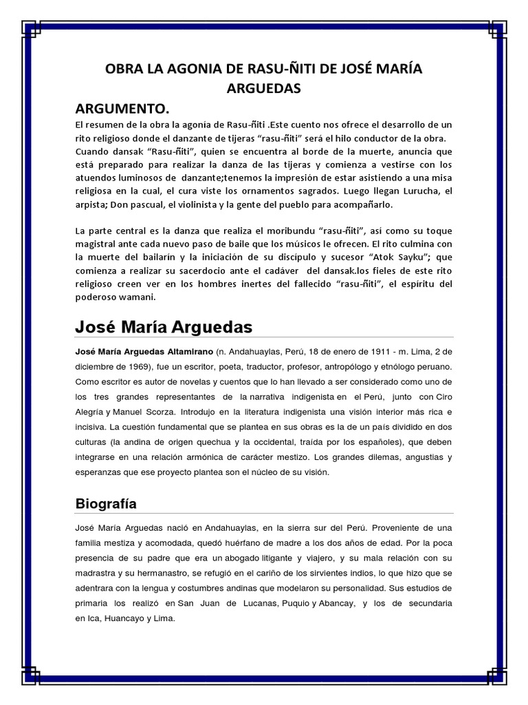 Resumen de La Obra Literaria La Agonia de Rasu Ñiti | PDF