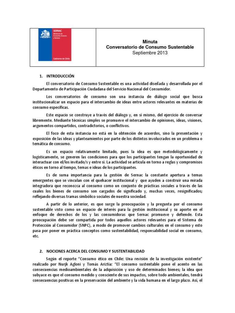 Minuta Conversatorio Consumo y Sustentabilidad | PDF | Consumo (economía) | Los consumidores